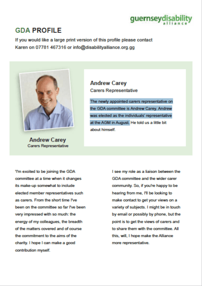 Meet our new Carers Rep Andrew Carey — Guernsey Disability Alliance